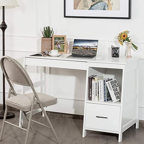 Tangkula White Desk with Drawers, Small Computer Desk Study Writing Desk, Modern Home Office Desk Student Desk with Storage Space, Makeup Vanity Desk for Bedroom (White)