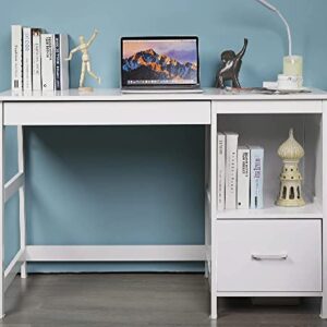 Tangkula White Desk with Drawers, Small Computer Desk Study Writing Desk, Modern Home Office Desk Student Desk with Storage Space, Makeup Vanity Desk for Bedroom (White)