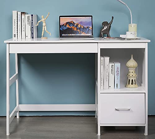 Tangkula White Desk with Drawers, Small Computer Desk Study Writing Desk, Modern Home Office Desk Student Desk with Storage Space, Makeup Vanity Desk for Bedroom (White)