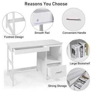 Tangkula White Desk with Drawers, Small Computer Desk Study Writing Desk, Modern Home Office Desk Student Desk with Storage Space, Makeup Vanity Desk for Bedroom (White)