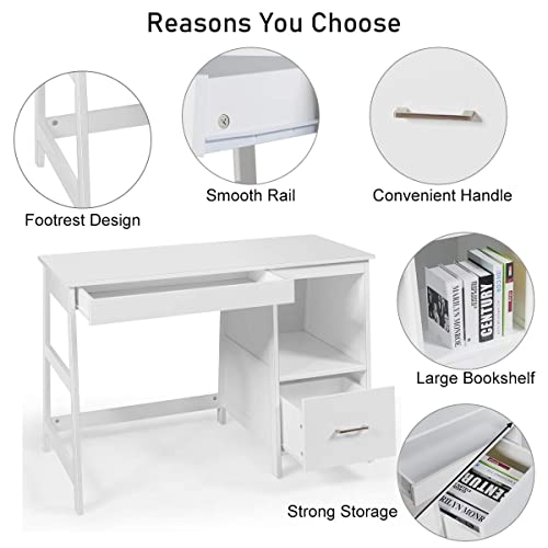 Tangkula White Desk with Drawers, Small Computer Desk Study Writing Desk, Modern Home Office Desk Student Desk with Storage Space, Makeup Vanity Desk for Bedroom (White)