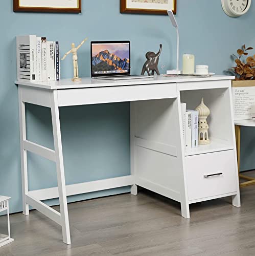 Tangkula White Desk with Drawers, Small Computer Desk Study Writing Desk, Modern Home Office Desk Student Desk with Storage Space, Makeup Vanity Desk for Bedroom (White)