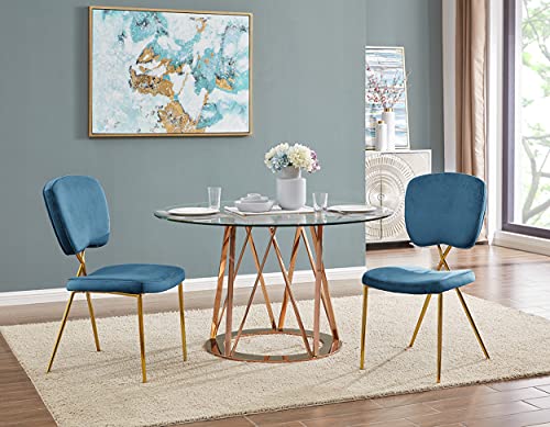 Iconic Home Chrissy Dining Side Chair Velvet Upholstered Half Back and Seat Solid Gold Tone Metal Legs (Set of 2) Modern Contemporary, Blue