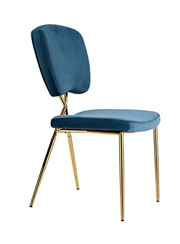 Iconic Home Chrissy Dining Side Chair Velvet Upholstered Half Back and Seat Solid Gold Tone Metal Legs (Set of 2) Modern Contemporary, Blue