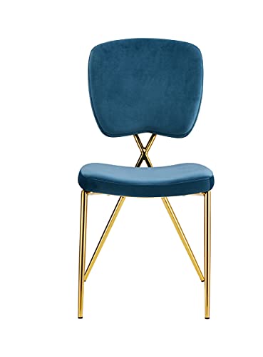 Iconic Home Chrissy Dining Side Chair Velvet Upholstered Half Back and Seat Solid Gold Tone Metal Legs (Set of 2) Modern Contemporary, Blue