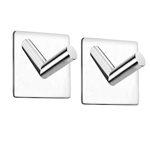 Celbon 2PC Self Adhesive Bath Towel Hook Sliver Chrome Sticky Stainless Steel Robe Hooks Heavy Duty Door Hooks for Bathrooms,Kitchen,Lavatory Closet (2PC, Square Base)