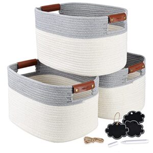 naturaclo cotton rope storage basket set of 3 | decorative woven basket w/leather basket handles & chalk tags |woven baskets for storage, baby diapers and toy organizer | size: 15' x 10' x 9' inches