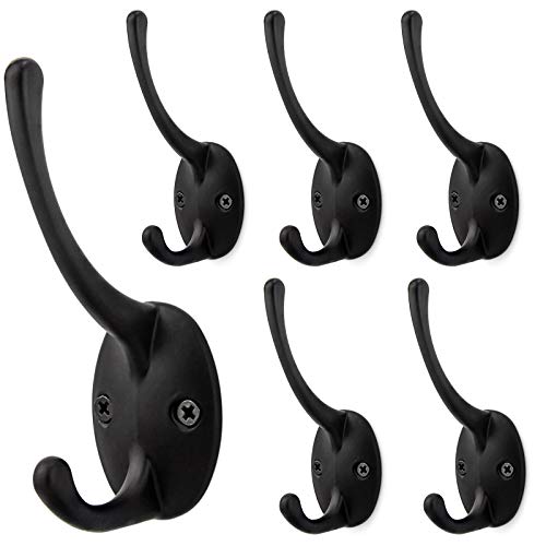 Double Robe Hook Black, Arks Royal Small Coat Hangers Wall Mounted, 6 Packs, Matte Black