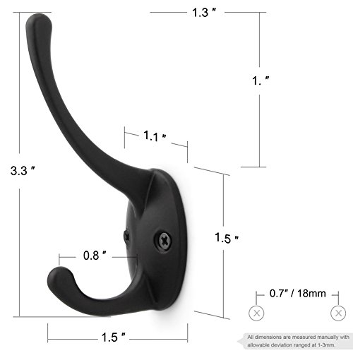 Double Robe Hook Black, Arks Royal Small Coat Hangers Wall Mounted, 6 Packs, Matte Black