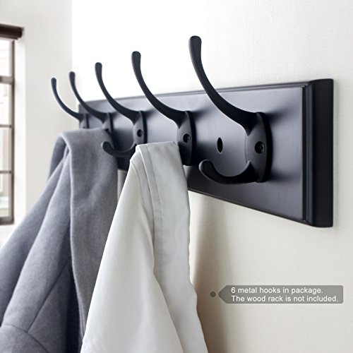 Double Robe Hook Black, Arks Royal Small Coat Hangers Wall Mounted, 6 Packs, Matte Black