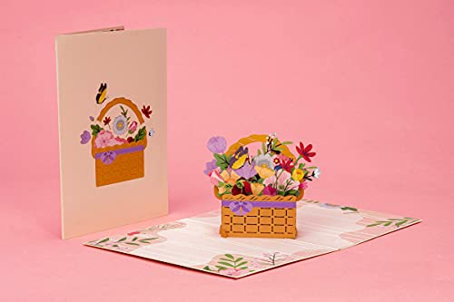 Paper Love 3D Pop Up Card, Floral Basket, Handmade Popup Greeting Cards, For Mothers Day, Spring, Thinking of You, Thank You, Sympathy, Wedding, Anniversary, Get Well, Just Because, All Occasion, 5" x 7"