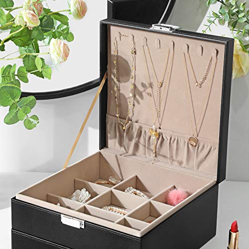 SONGMICS Jewelry Box, 3 Layers Jewelry Organizer with Removable Tray, Drawer, for Necklaces, Earrings, Rings, Black UJBC241BK