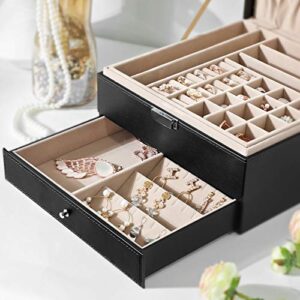 SONGMICS Jewelry Box, 3 Layers Jewelry Organizer with Removable Tray, Drawer, for Necklaces, Earrings, Rings, Black UJBC241BK