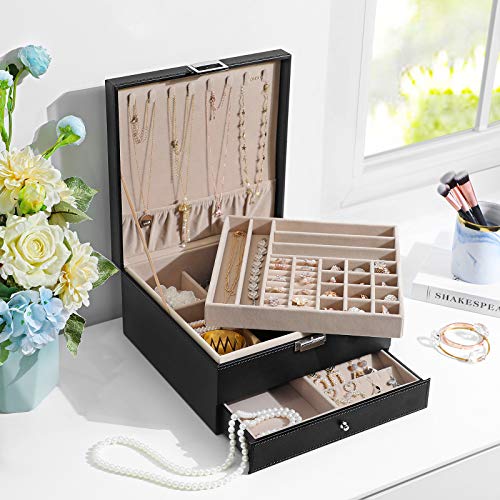 SONGMICS Jewelry Box, 3 Layers Jewelry Organizer with Removable Tray, Drawer, for Necklaces, Earrings, Rings, Black UJBC241BK