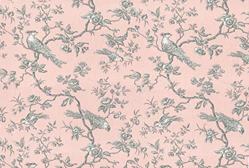 Textiles français The Regal Birds Fabric - Vintage Pastel Pink with Pewter and White | Double-Width 100% Cotton Designer Print | 110 inches Wide | Per Yard Length Increment*