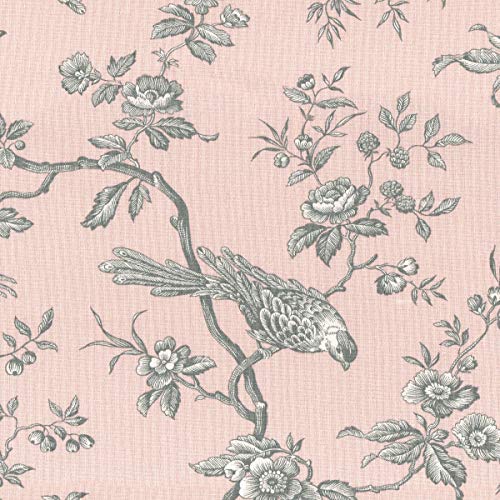 Textiles français The Regal Birds Fabric - Vintage Pastel Pink with Pewter and White | Double-Width 100% Cotton Designer Print | 110 inches Wide | Per Yard Length Increment*