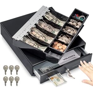 13" manual push open cash register drawer for point of sale (pos) system, black heavy duty till with 4 bills and 5 coin slots, key lock with fully removable money tray and double media slots