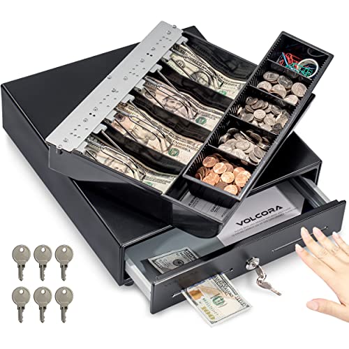 13" Manual Push Open Cash Register Drawer for Point of Sale (POS) System, Black Heavy Duty Till with 4 Bills and 5 Coin Slots, Key Lock with Fully Removable Money Tray and Double Media Slots