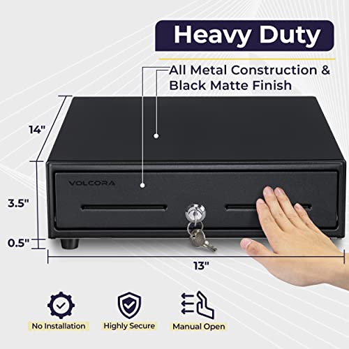 13" Manual Push Open Cash Register Drawer for Point of Sale (POS) System, Black Heavy Duty Till with 4 Bills and 5 Coin Slots, Key Lock with Fully Removable Money Tray and Double Media Slots