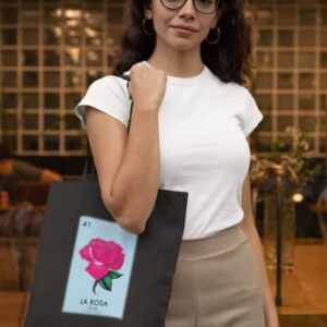 Pop Threads La Rosa Rose Loteria Card Mexican Bingo Black 15x15 inches Large Canvas Tote Bag