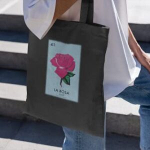 Pop Threads La Rosa Rose Loteria Card Mexican Bingo Black 15x15 inches Large Canvas Tote Bag