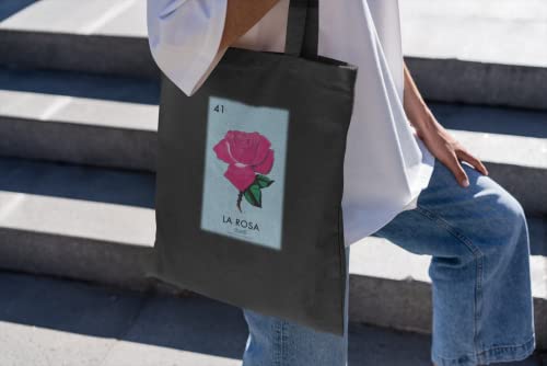 Pop Threads La Rosa Rose Loteria Card Mexican Bingo Black 15x15 inches Large Canvas Tote Bag