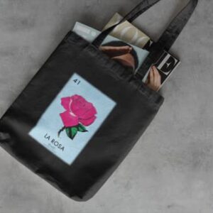 Pop Threads La Rosa Rose Loteria Card Mexican Bingo Black 15x15 inches Large Canvas Tote Bag