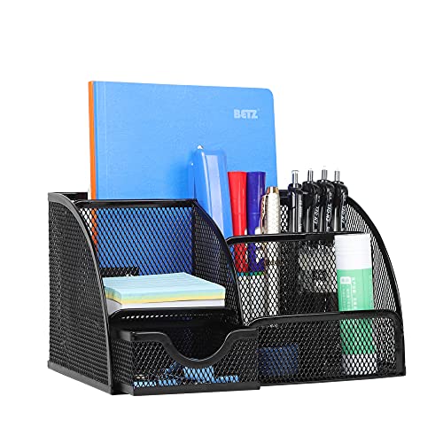 Beiz Desk Organizer Caddy and Accessories Holder with Storage Drawer + 6 Compartments, Pen Organizer w/Sticky Note Tray, Desk Essential to Collect Desk Supplies for Office Home Dorm Room, Black