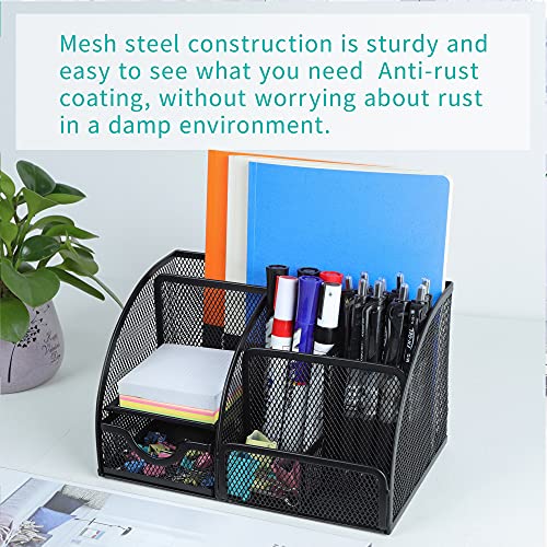 Beiz Desk Organizer Caddy and Accessories Holder with Storage Drawer + 6 Compartments, Pen Organizer w/Sticky Note Tray, Desk Essential to Collect Desk Supplies for Office Home Dorm Room, Black