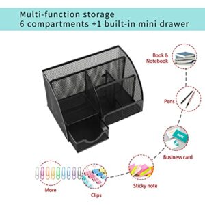 Beiz Desk Organizer Caddy and Accessories Holder with Storage Drawer + 6 Compartments, Pen Organizer w/Sticky Note Tray, Desk Essential to Collect Desk Supplies for Office Home Dorm Room, Black