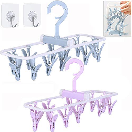 Clothes Drying Racks 2 Pack Small Folding Portable Underwear Hangers with Clips Socks 12 Clips 360° Rotatable Hook for Drying Towels Bras Baby Clothes Gloves Plast