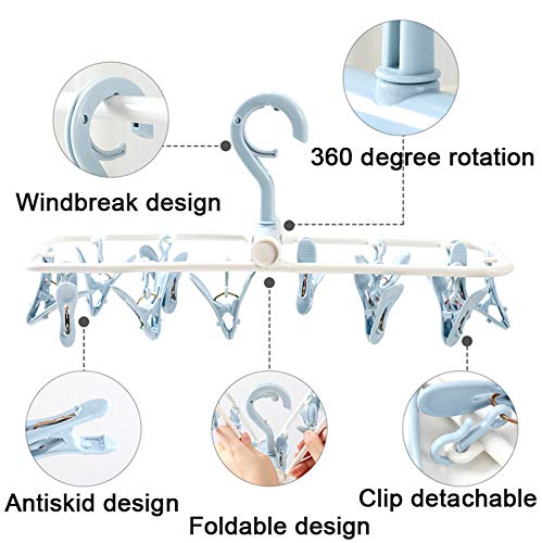 Clothes Drying Racks 2 Pack Small Folding Portable Underwear Hangers with Clips Socks 12 Clips 360° Rotatable Hook for Drying Towels Bras Baby Clothes Gloves Plast