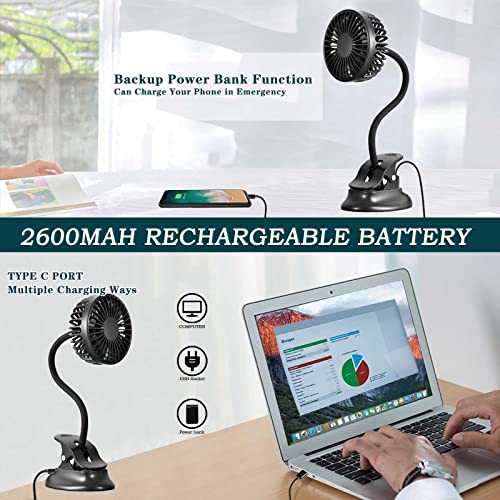 Clip on Fan Usb Mini Fan Battery Operated Desk Fan with Emergency Power Bank, Baby Stroller Fan Rechargeable Personal Fan Flexible Neck 3 Speeds Great for Beach Car Camping Dorm Bed Office-Black