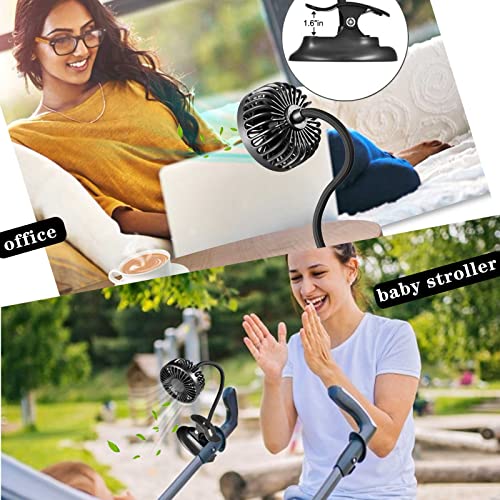 Clip on Fan Usb Mini Fan Battery Operated Desk Fan with Emergency Power Bank, Baby Stroller Fan Rechargeable Personal Fan Flexible Neck 3 Speeds Great for Beach Car Camping Dorm Bed Office-Black