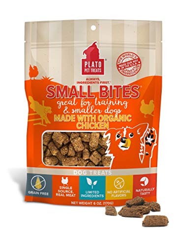 PLATO Small Bites Natural Training Dog Treats - Real Meat - Grain Free - Made in the USA - Organic Chicken Flavor, 6 ounces