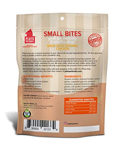 PLATO Small Bites Natural Training Dog Treats - Real Meat - Grain Free - Made in the USA - Organic Chicken Flavor, 6 ounces