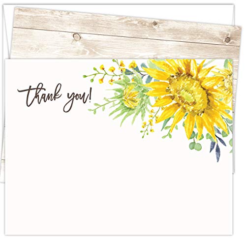 Koko Paper Co Sunflower Thank You Cards | 25 Flat Note Cards and Envelopes | Printed on Heavy Card Stock.