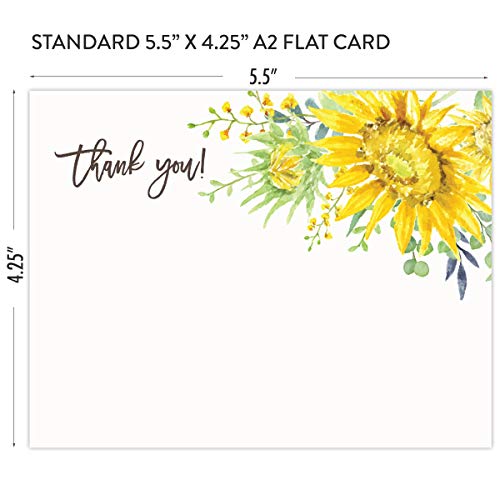 Koko Paper Co Sunflower Thank You Cards | 25 Flat Note Cards and Envelopes | Printed on Heavy Card Stock.