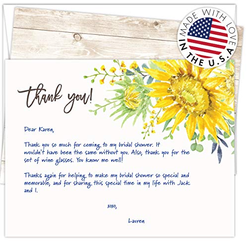 Koko Paper Co Sunflower Thank You Cards | 25 Flat Note Cards and Envelopes | Printed on Heavy Card Stock.