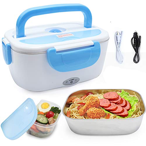 VECH Car Electric Heating Lunch Box 110V & 12V 40W 2 in1 Home Electric Thermal Lunch Box Food Heater Warmer, Stainless Steel Food Heater 1.5L for Heat Preservation, Office, School, Traveling (Blue)