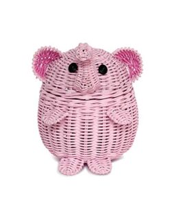 g6 collection elephant rattan storage basket with lid decorative bin home decor hand woven shelf organizer cute handmade handcrafted nursery gift animal decoration wicker elephant (small, pink)