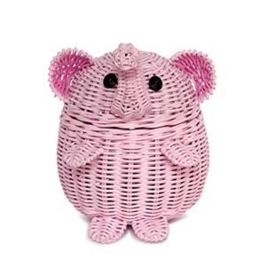 G6 COLLECTION Elephant Rattan Storage Basket With Lid Decorative Bin Home Decor Hand Woven Shelf Organizer Cute Handmade Handcrafted Nursery Gift Animal Decoration Wicker Elephant (Small, Pink)