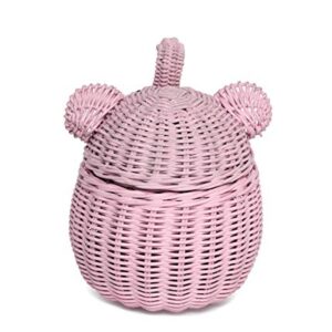 G6 COLLECTION Elephant Rattan Storage Basket With Lid Decorative Bin Home Decor Hand Woven Shelf Organizer Cute Handmade Handcrafted Nursery Gift Animal Decoration Wicker Elephant (Small, Pink)