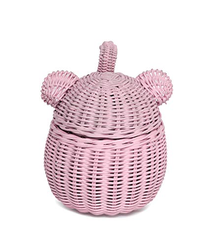 G6 COLLECTION Elephant Rattan Storage Basket With Lid Decorative Bin Home Decor Hand Woven Shelf Organizer Cute Handmade Handcrafted Nursery Gift Animal Decoration Wicker Elephant (Small, Pink)