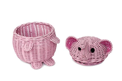 G6 COLLECTION Elephant Rattan Storage Basket With Lid Decorative Bin Home Decor Hand Woven Shelf Organizer Cute Handmade Handcrafted Nursery Gift Animal Decoration Wicker Elephant (Small, Pink)