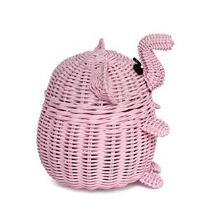 G6 COLLECTION Elephant Rattan Storage Basket With Lid Decorative Bin Home Decor Hand Woven Shelf Organizer Cute Handmade Handcrafted Nursery Gift Animal Decoration Wicker Elephant (Small, Pink)