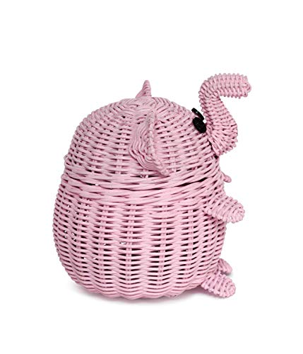 G6 COLLECTION Elephant Rattan Storage Basket With Lid Decorative Bin Home Decor Hand Woven Shelf Organizer Cute Handmade Handcrafted Nursery Gift Animal Decoration Wicker Elephant (Small, Pink)