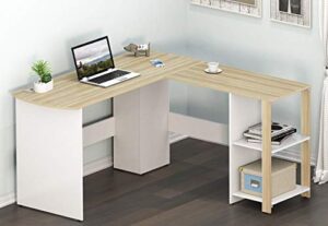 shw l-shaped home office corner desk wood top, oak