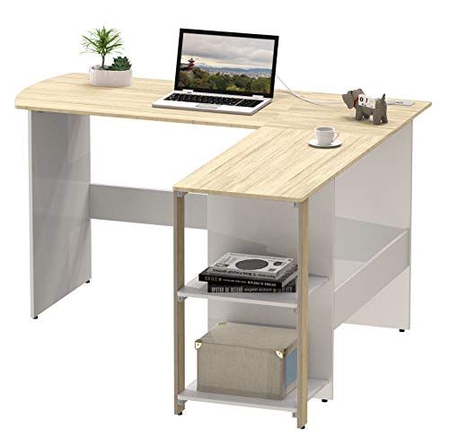 SHW L-Shaped Home Office Corner Desk Wood Top, Oak