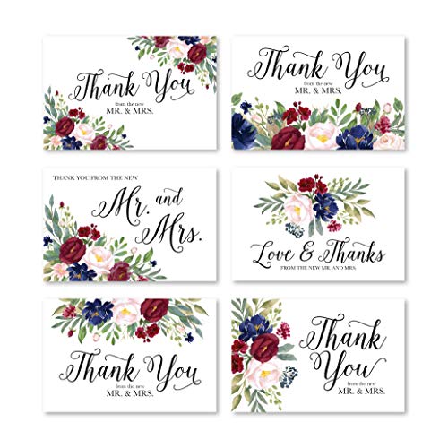 24 Floral Navy Burgundy Wedding Thank You Cards With Envelopes, Elegant Bridal Shower Thank You Note From The New Mr. & Mrs. Newlywed Wine Flower Gratitude Supplies, 4x6 Personalized Bulk Stationery